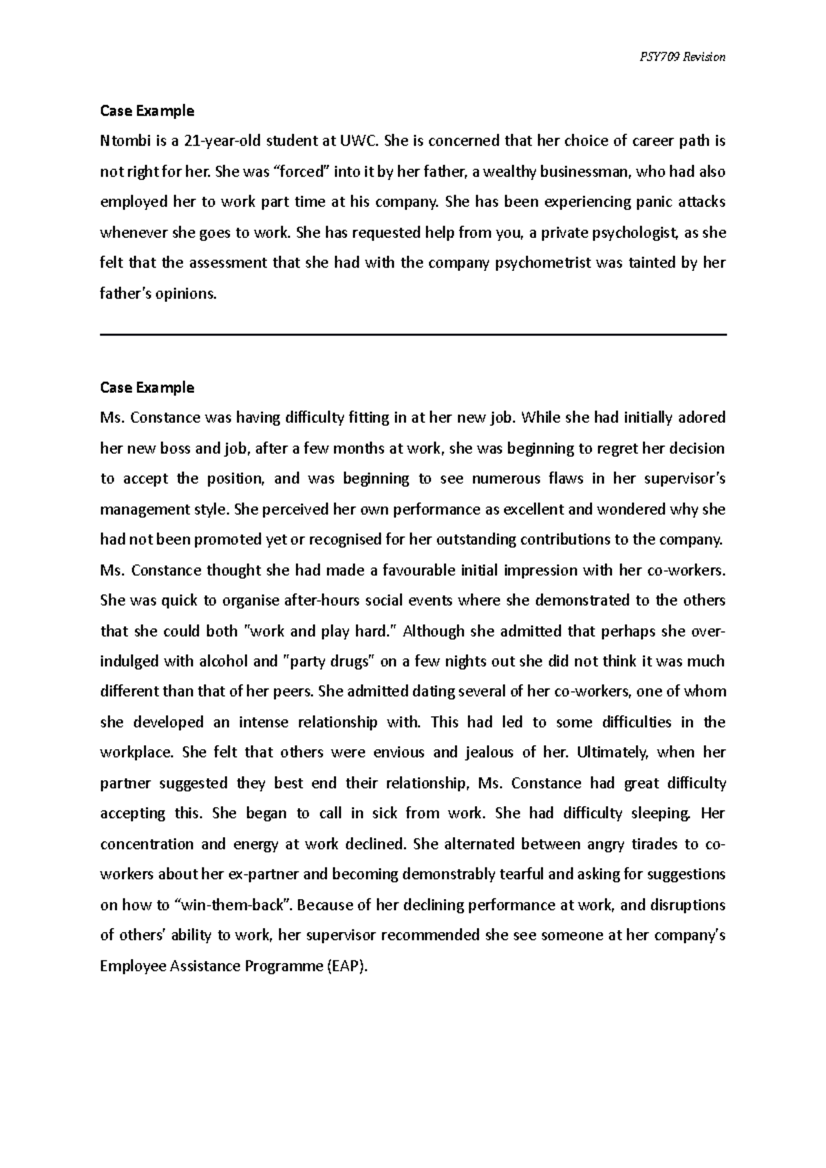 Case Studies - PSY709 Revision Case Example Ntombi is a 21-year-old ...