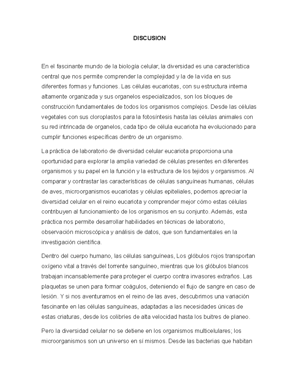 Discusion Diversidad Celular - DISCUSION En el fascinante mundo de la ...