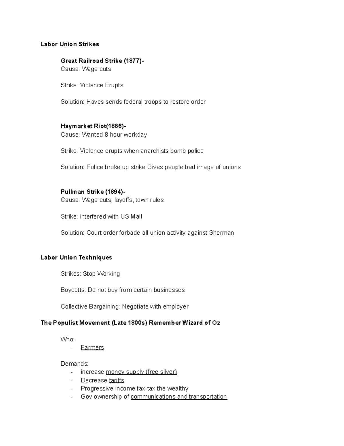 Apush - Notes - Labor Union Strikes Great Railroad Strike (1877)- Cause ...