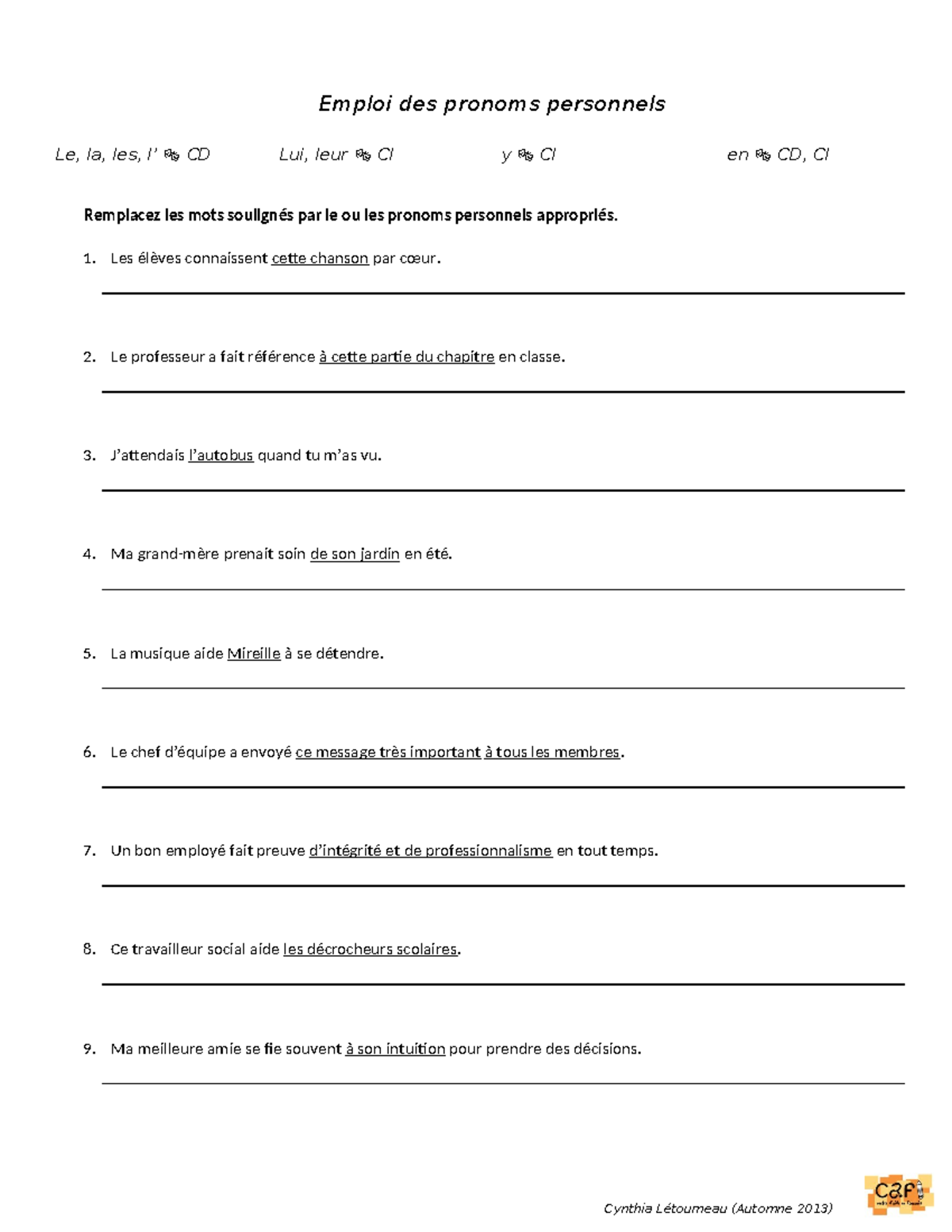 COI-COD Répondez aux questions avec un pronom - Emploi des pronoms ...
