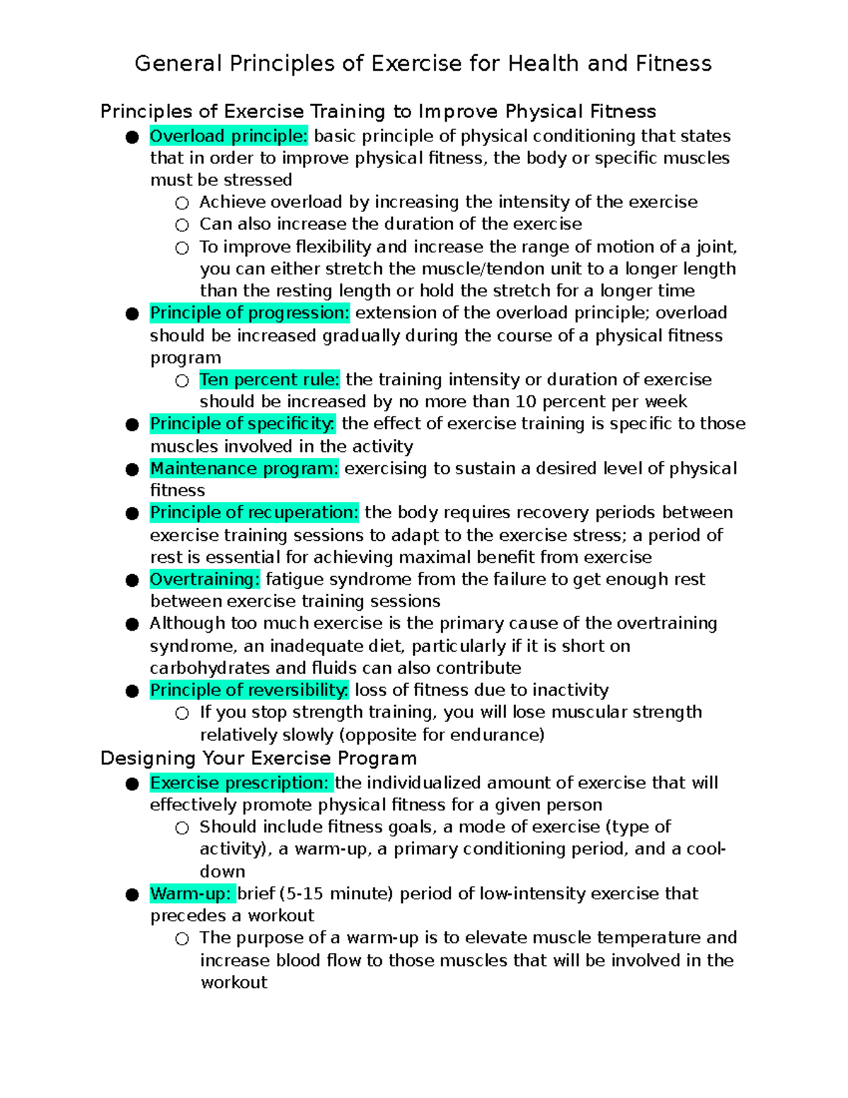 Fitness and Health Chapter 2 Reading - General Principles of Exercise ...