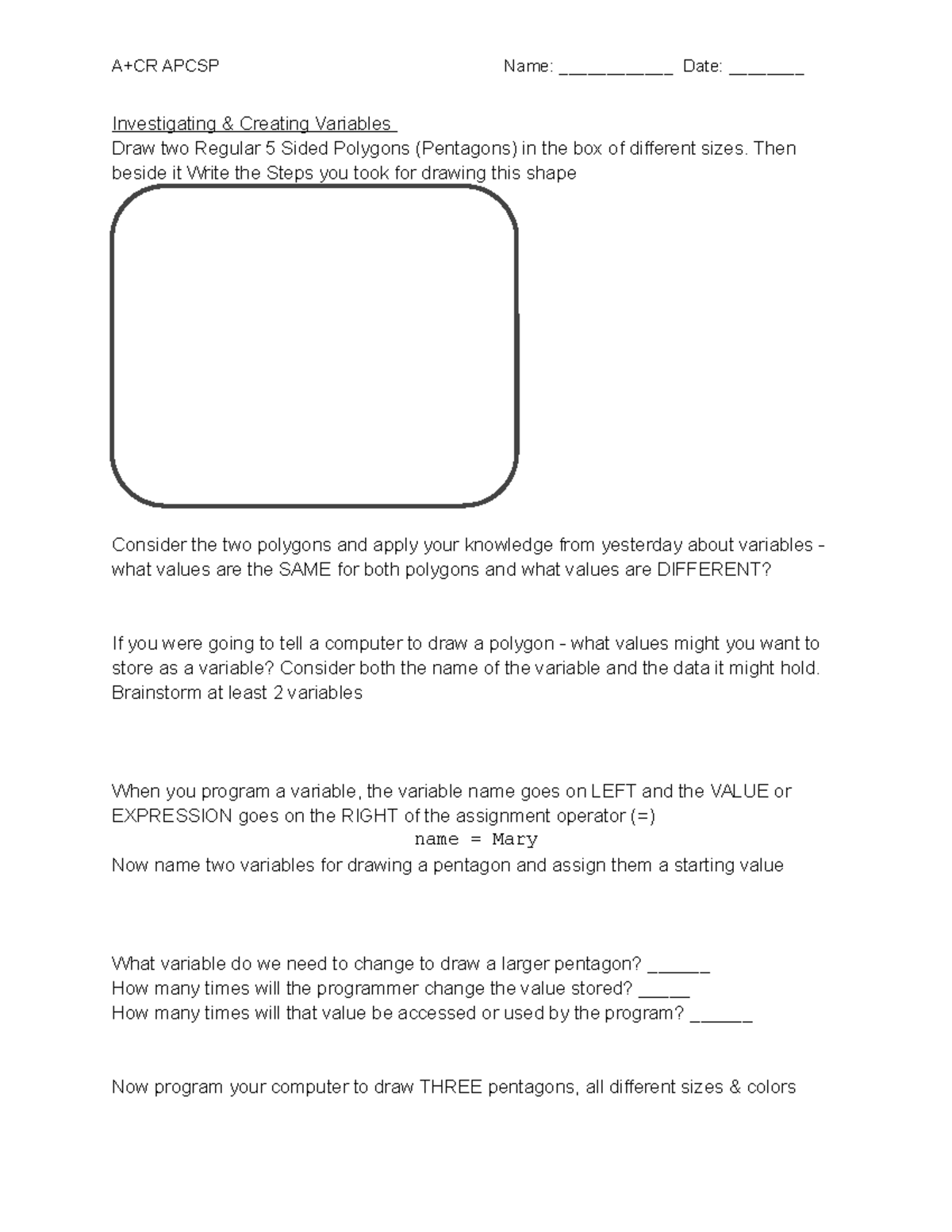 Polygons And Variables Worksheet - A+CR APCSP Name: ____________ Date ...
