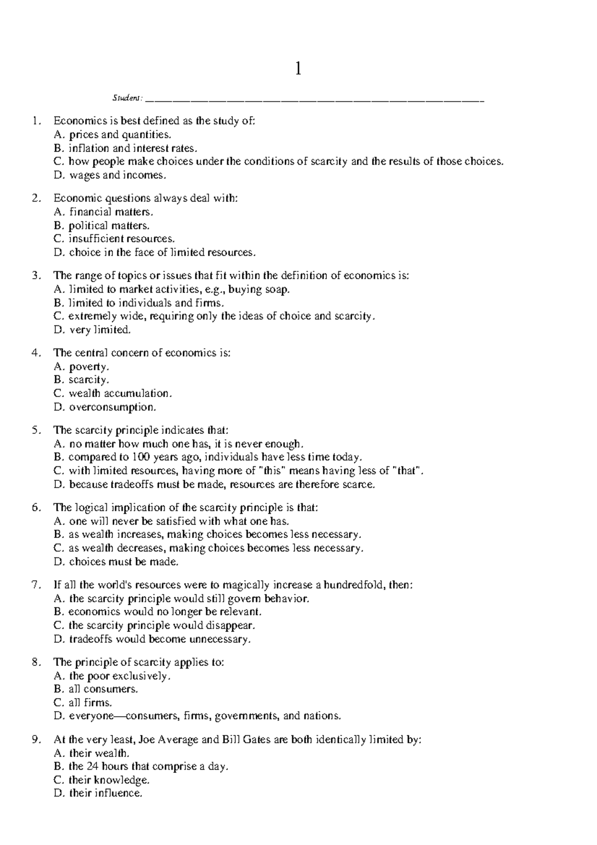 chapter 1 testbank intro to economics - 1 _Student: - Studocu