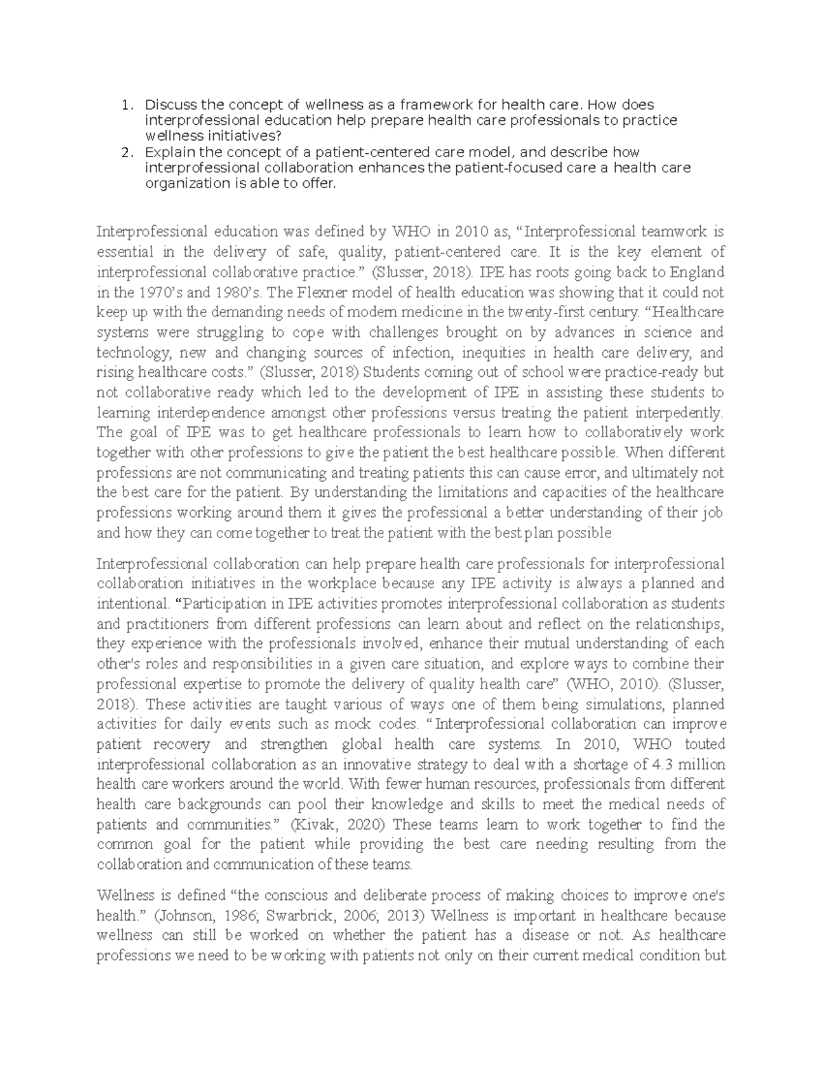 Paper ONE - Discuss the concept of wellness as a framework for health ...