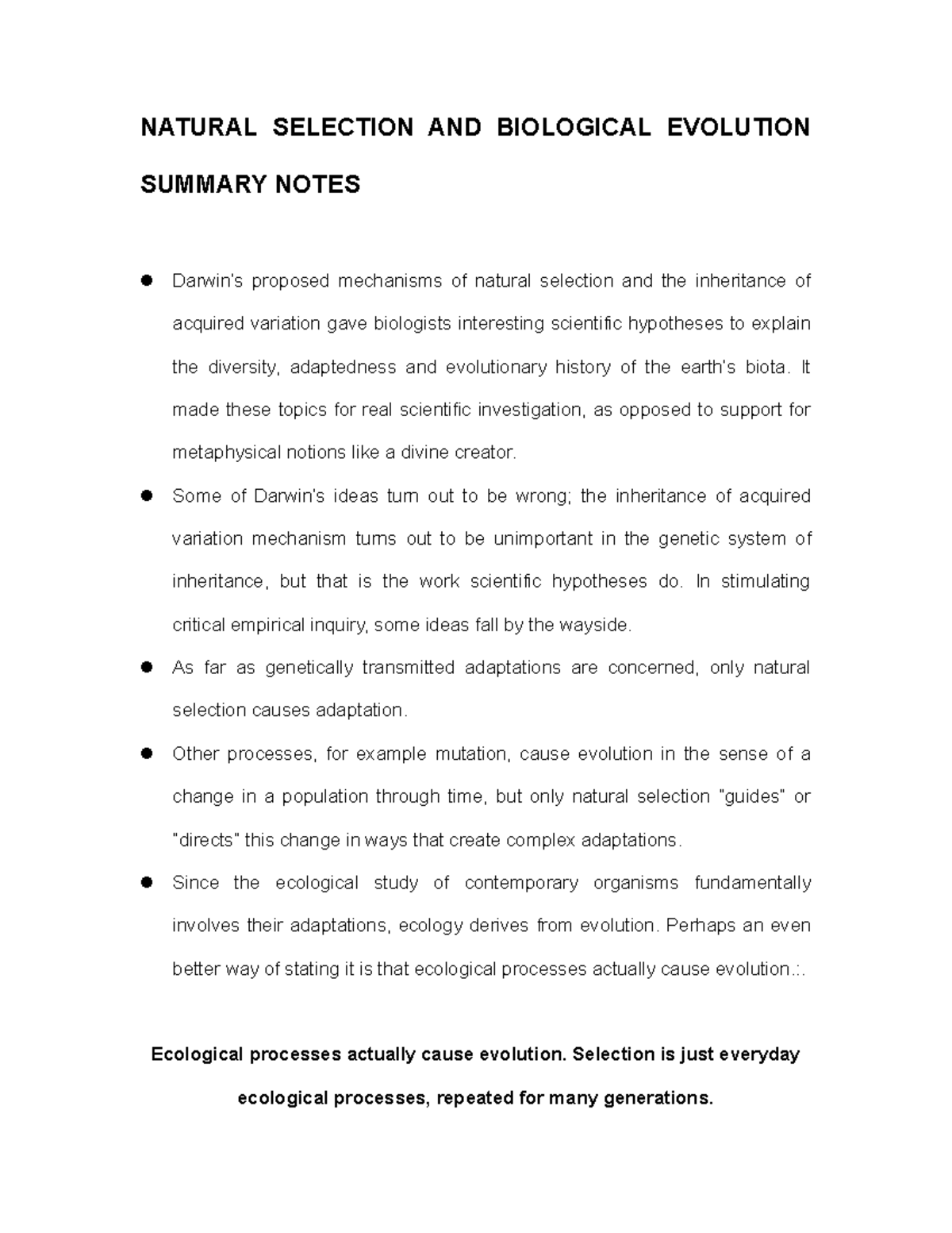 Natural Selection AND Biological Evolution Summary Notes - NATURAL ...