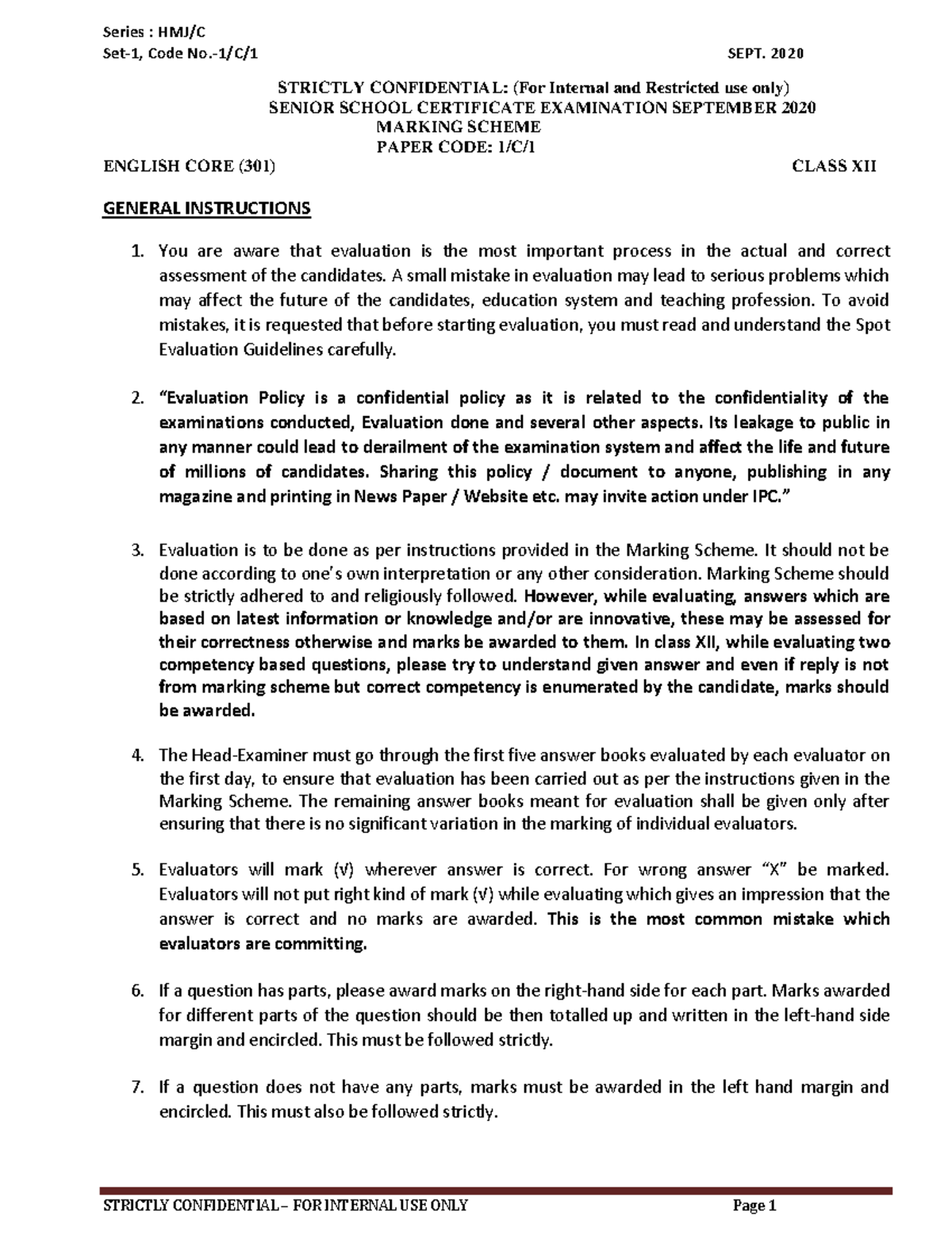 English CORE (301) SET 1 C 1 Marking Scheme Comptt 2020 - Set-1, Code ...