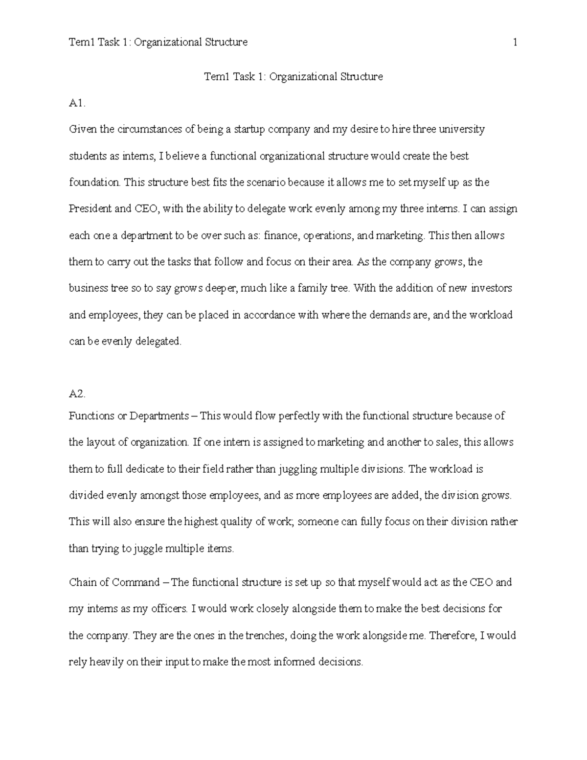 D078 Task 1 - D078 Task 1 - Tem1 Task 1: Organizational Structure A1 ...