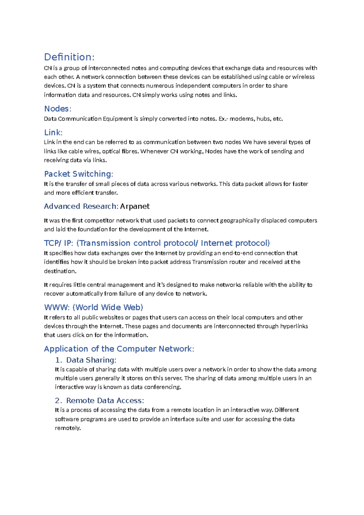 Computer Network - Definition: CN is a group of interconnected notes ...