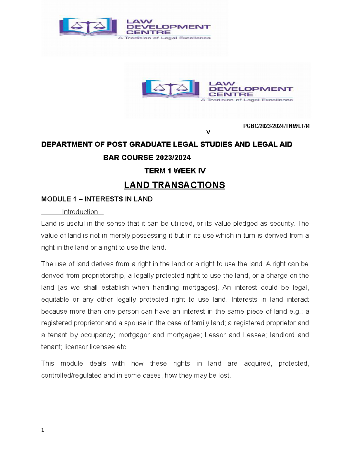 Workshops Week I - Interests in Land - Locked document - PGBC/2023/2024 ...