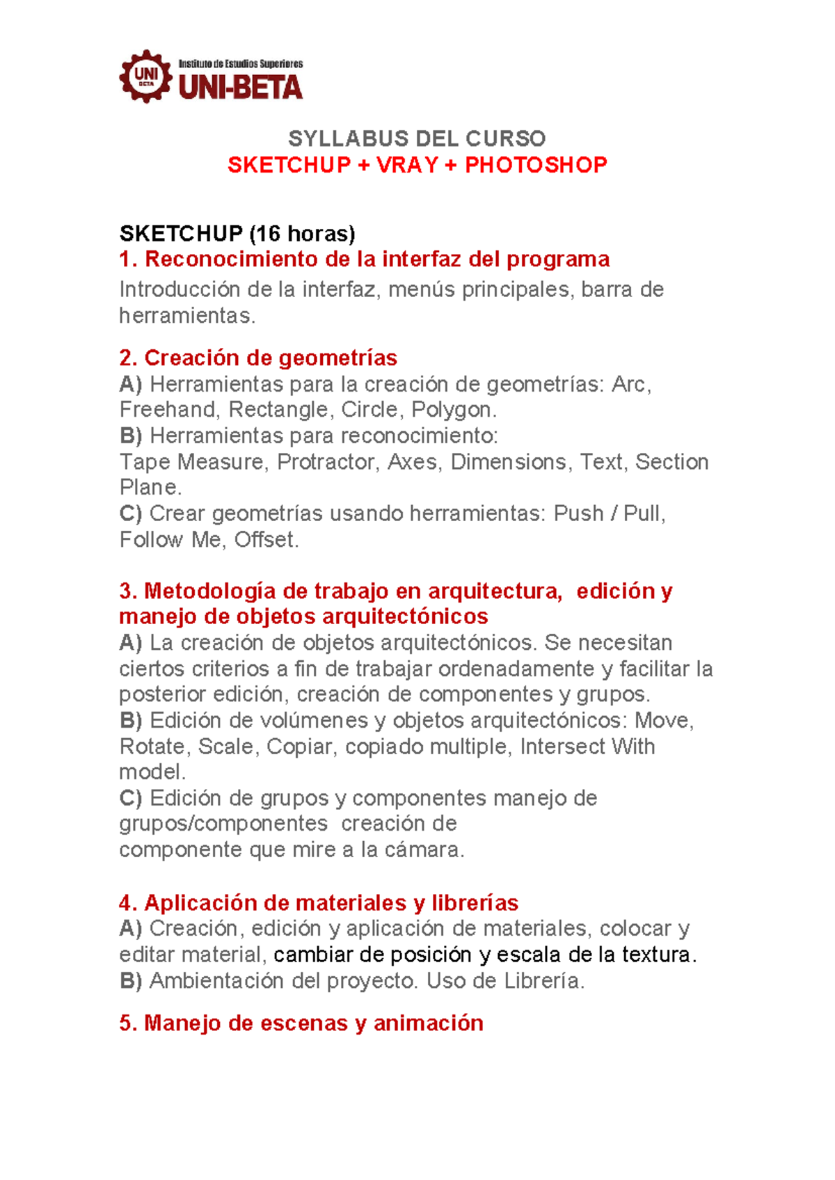 Syllabus DEL Curso. sketchup - SYLLABUS DEL CURSO SKETCHUP + VRAY ...