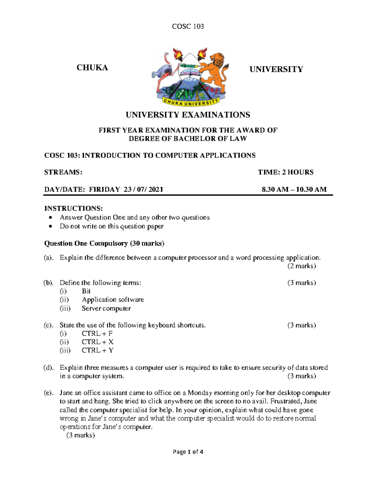 COSC 103 - LAW - LAW - CHUKA UNIVERSITY UNIVERSITY EXAMINATIONS FIRST YEAR EXAMINATION FOR THE ...