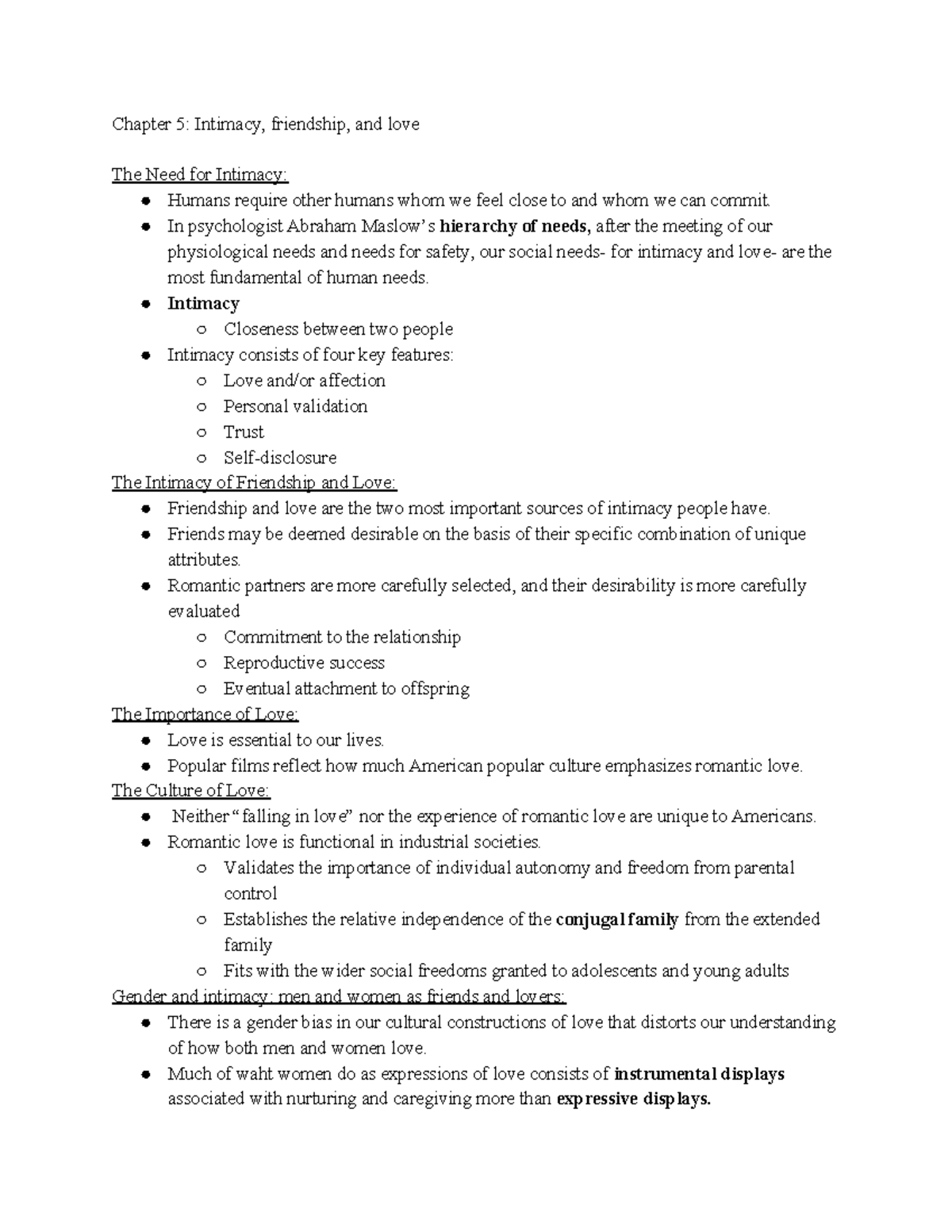 HDF 230 Exam 2 notes - Chapter 5: Intimacy, friendship, and love The ...