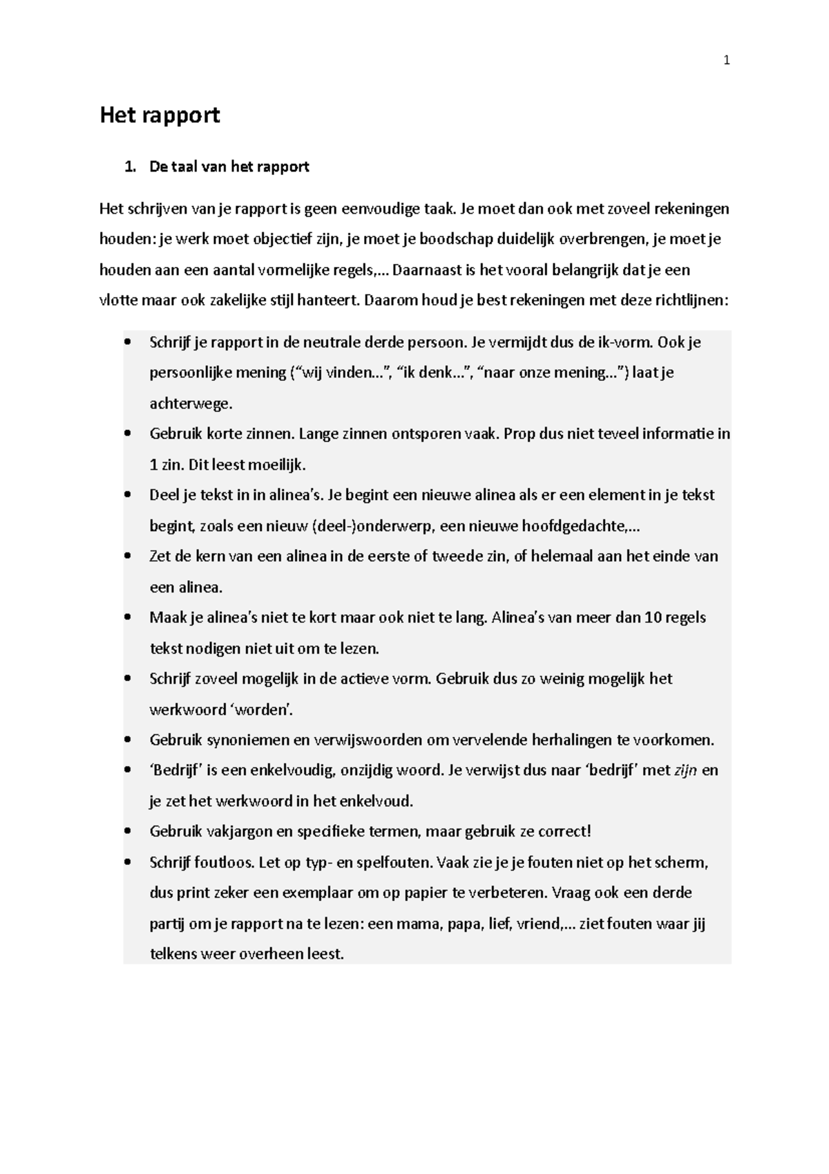 Rapport taal en onderdelen instructies - Het rapport De taal van het ...
