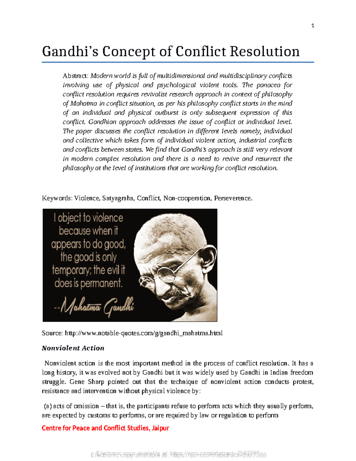 Gandhian Philosophy on Peace - Gandhi’s Concept of Conflict Resolution Abstract: Modern world is ...