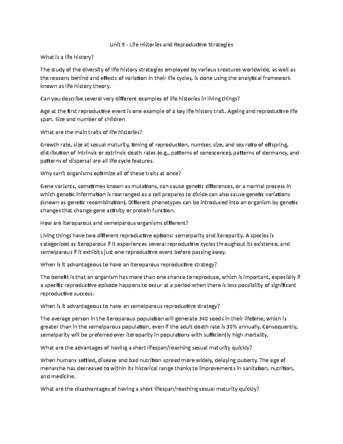Bio 130 study guide Unit 9 - Unit 9 - Life Histories and Reproductive ...