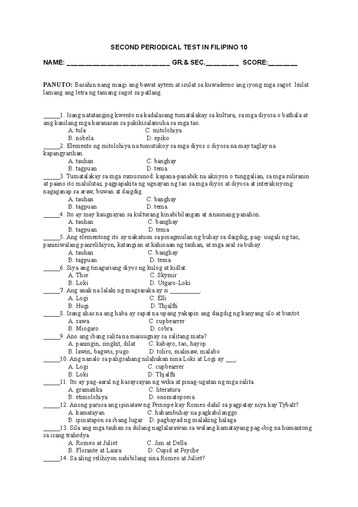 PT G10 Filipino - LP FOR EDUCATION - SECOND PERIODICAL TEST IN FILIPINO ...