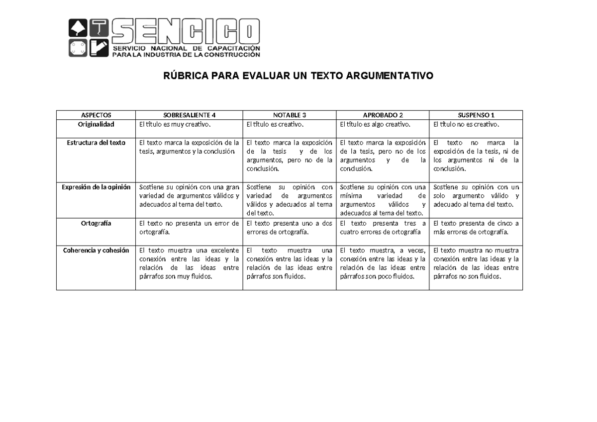 Instrumento ( Rúbrica) PARA Texto Argumentativo - RÚBRICA PARA EVALUAR ...