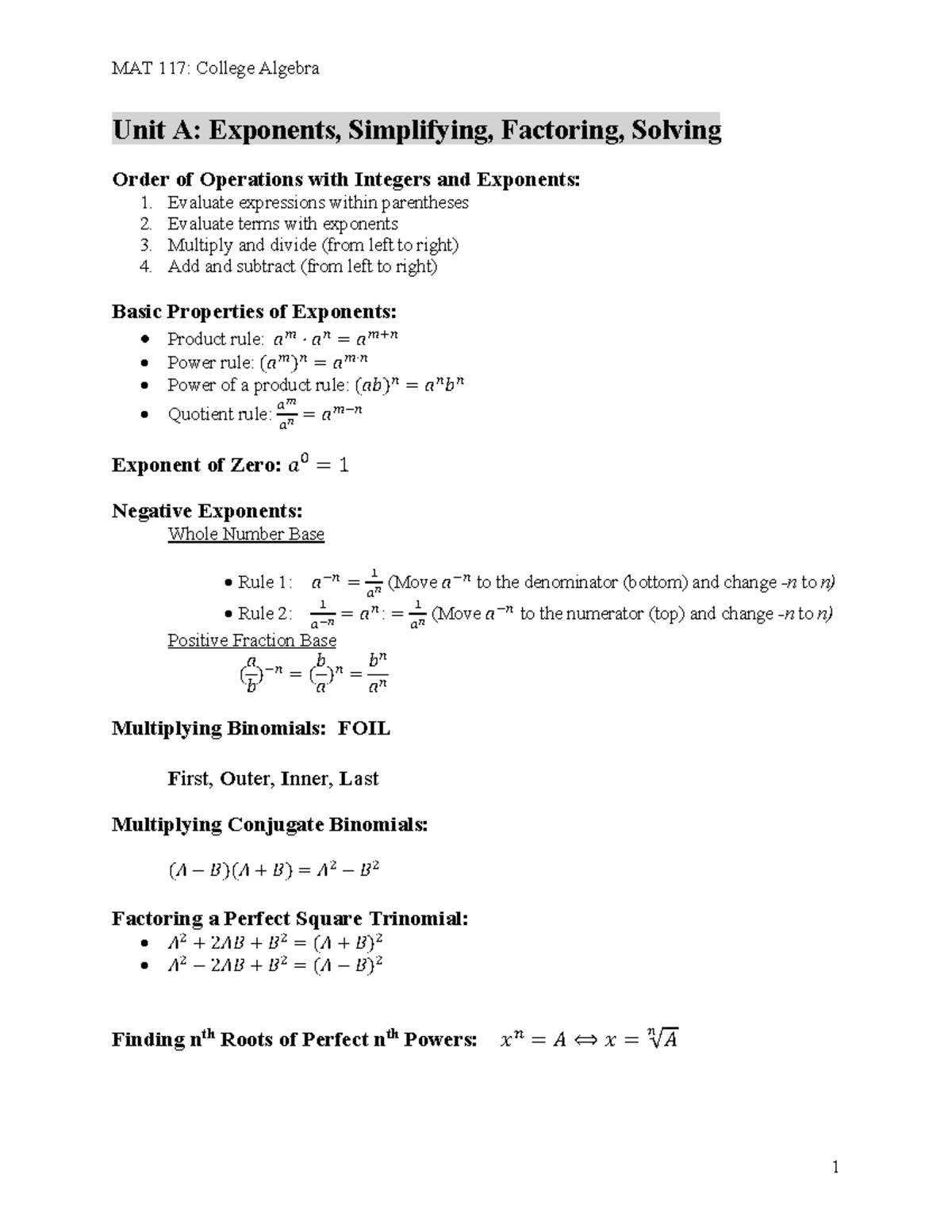 MAt 117 Formulas Printable Version-3 - MAT 117 - ASU - Studocu