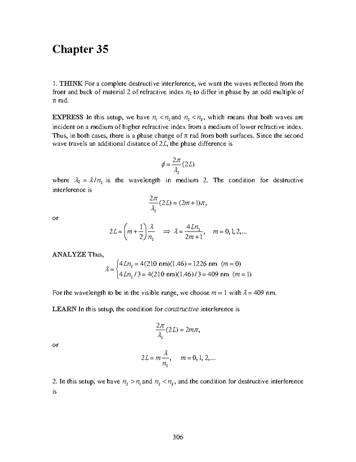 ISV SM Ch35 - Solutions - ####### 306 Chapter 35 THINK For a complete destructive interference ...
