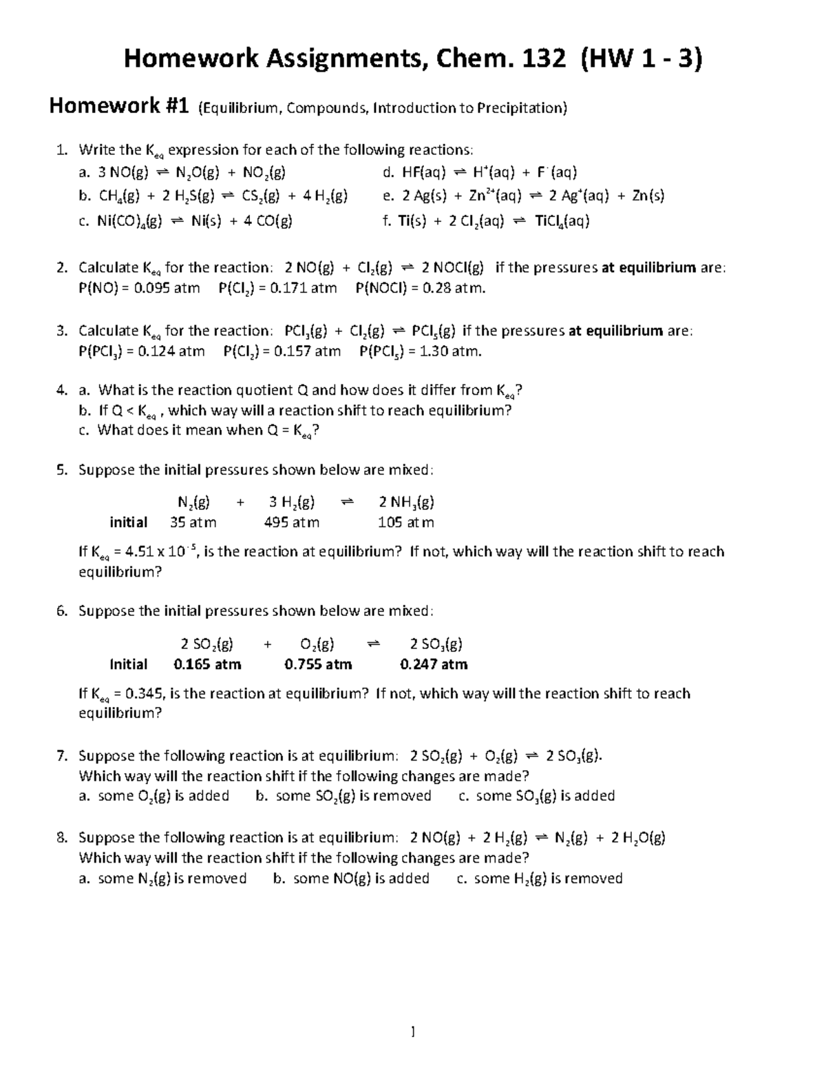 Homework Assignments 1 - 3 - Homework Assignments, Chem. 132 (HW 1 - 3 ...