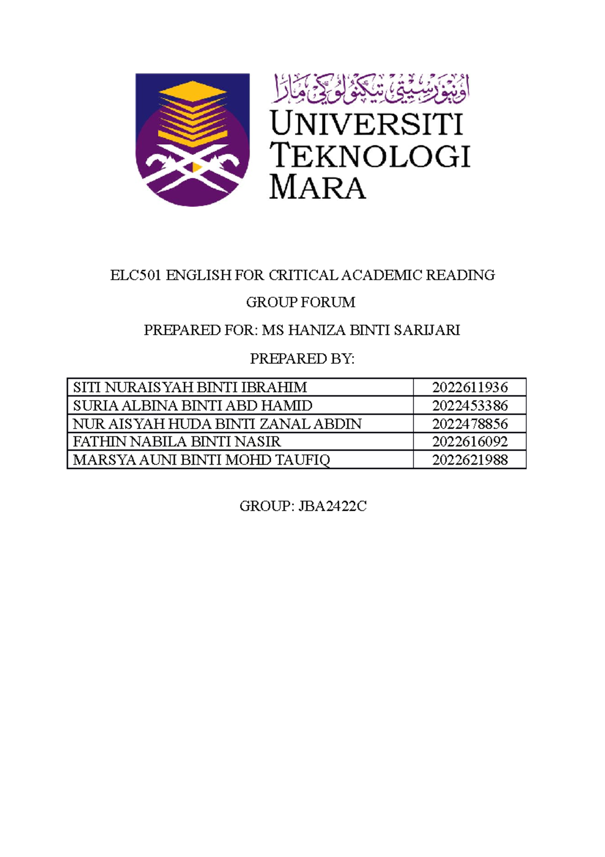 Elc forum - ELC501 ENGLISH FOR CRITICAL ACADEMIC READING GROUP FORUM ...