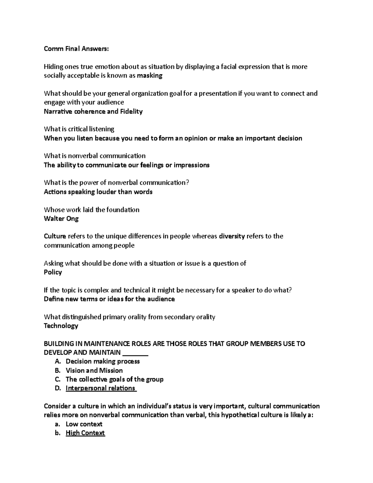 Comm Final Answers - Comm Final Answers: Hiding ones true emotion about ...