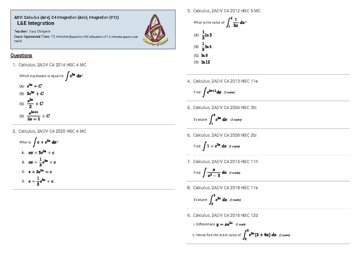 2021 log and exp integration past HSC Q&A - 1. Calculus, 2ADV C4 2014 ...