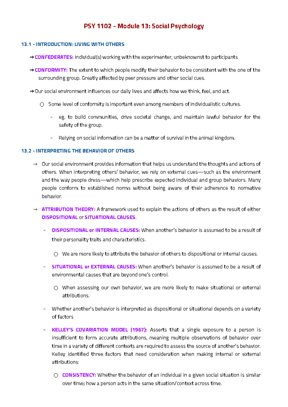 PSY 1102 - Module 13 Social Psychology (Textbook Notes) - PSY 1102 ...