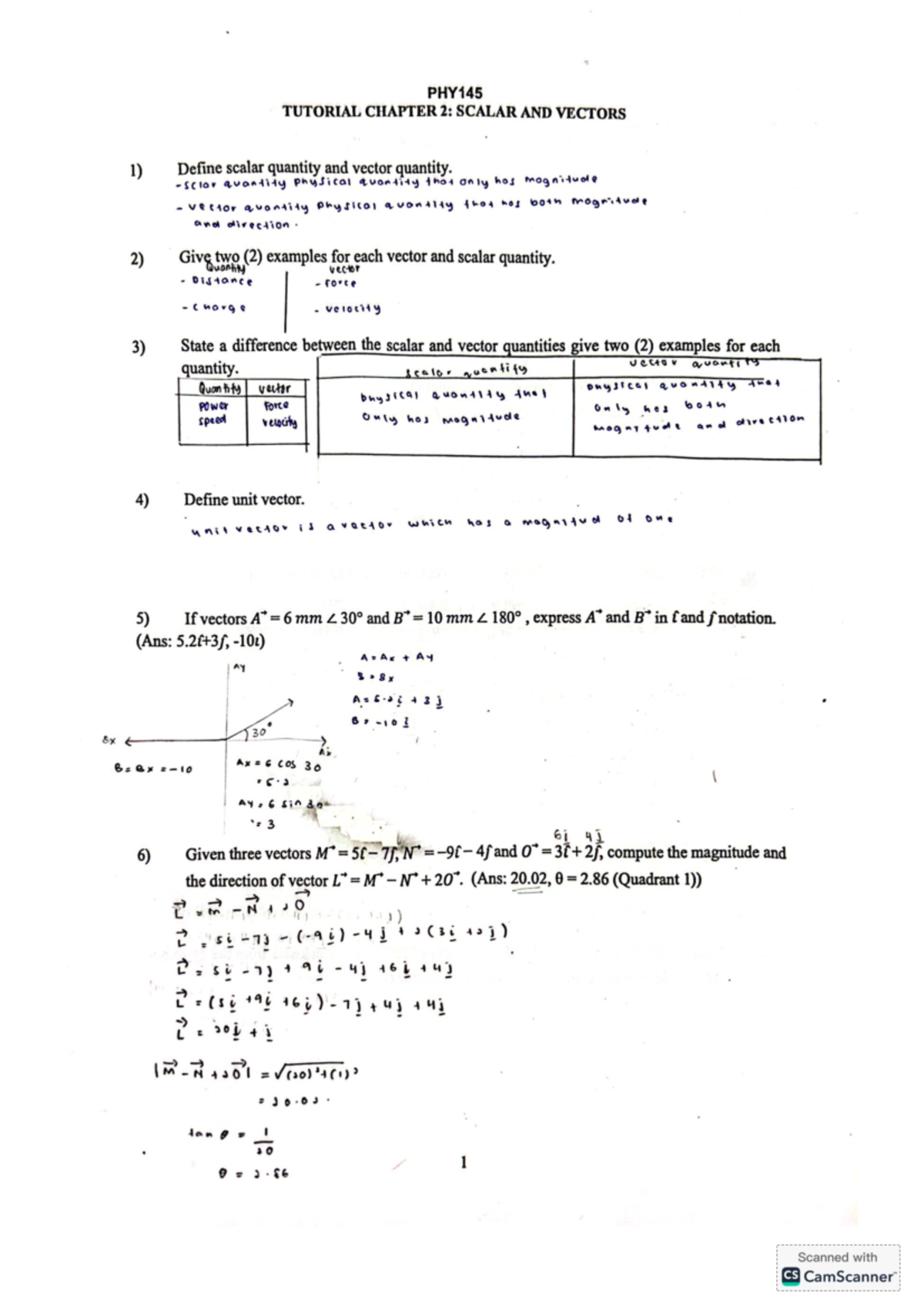 Cam Scanner 11-05-2024 10 - PHY145 TUTORIAL CHAPTER 2: SCALAR AND VECTORS 1) Define scalar ...
