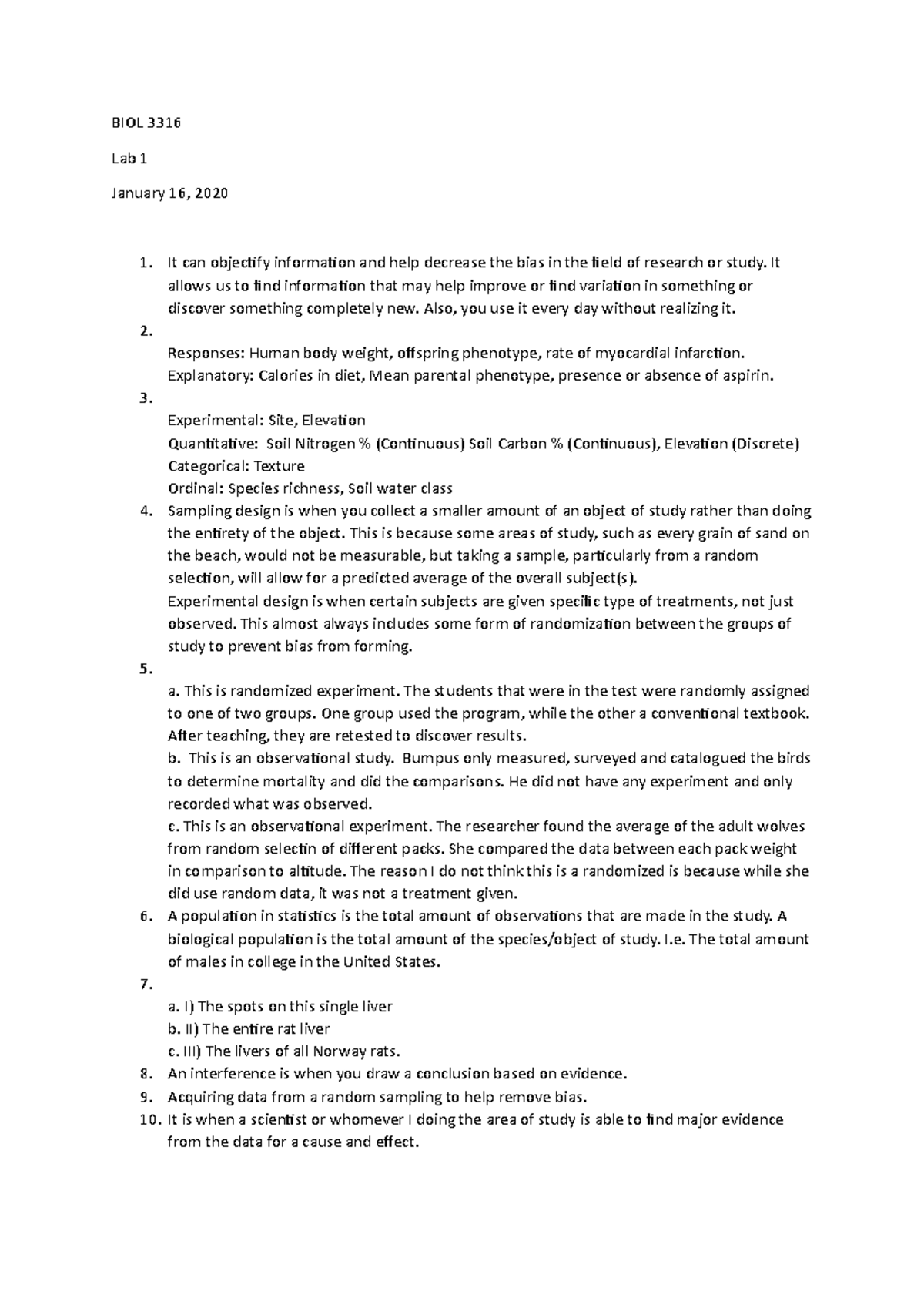Lab 1 - Introduction to Statistics - BIOL 3316 Lab 1 January 16, 2020 ...