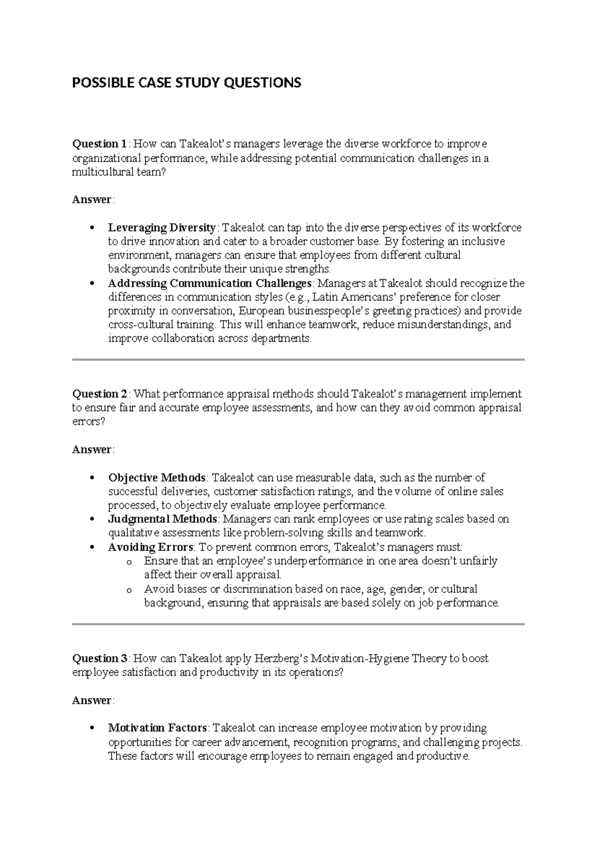 Possible CASE Study Questions - POSSIBLE CASE STUDY QUESTIONS Question ...