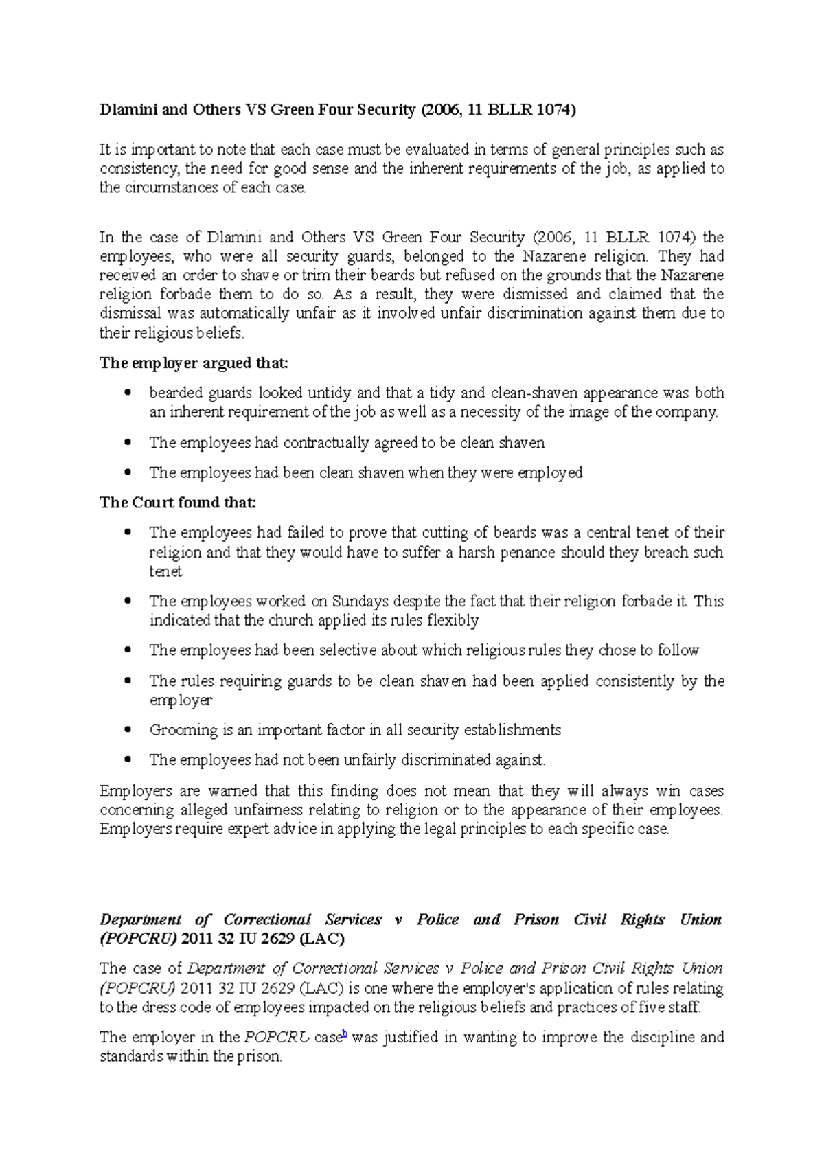 Topic 7 CASE Summaries - N/A - Dlamini and Others VS Green Four Security (2006, 11 BLLR 1074) It ...