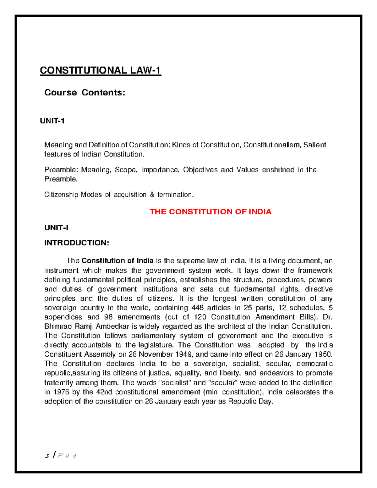 Constitutional LAW-1 UNIT-1 Notes pdf new - 1 | P a g e CONSTITUTIONAL ...