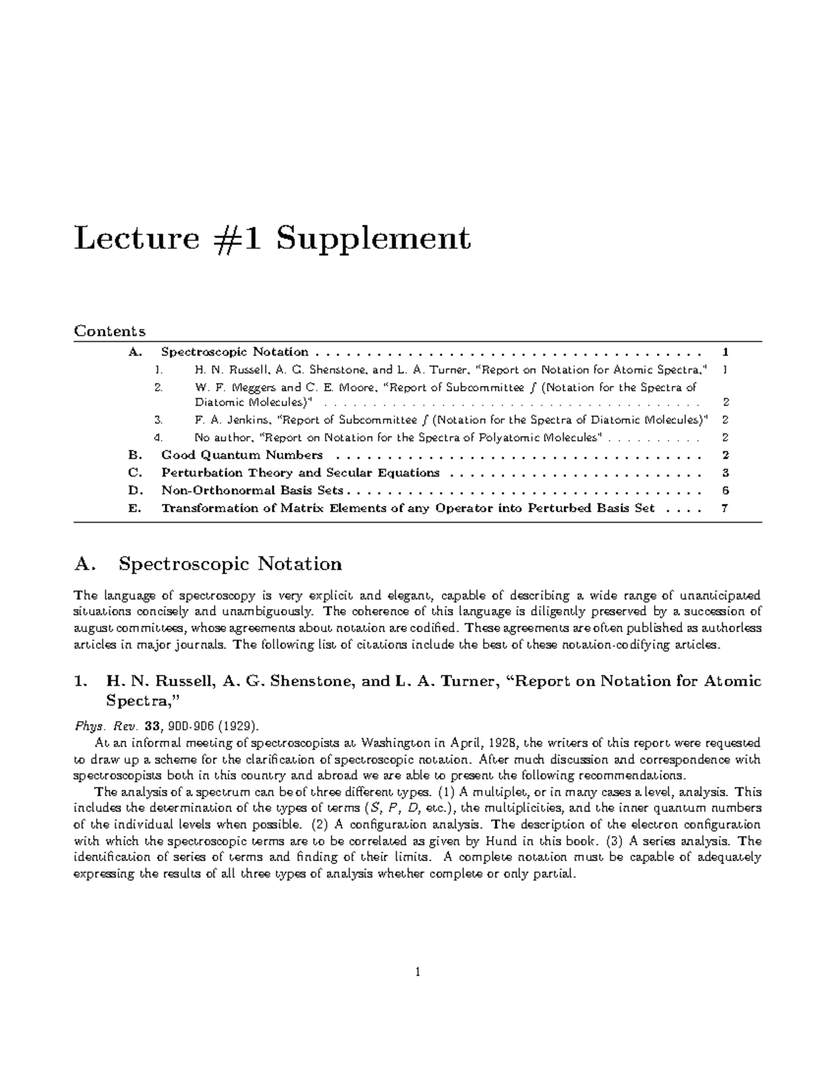 Lec1s Lecture 1s Reading Notes With Equations And Examples On Molecular Spectra And Lecture