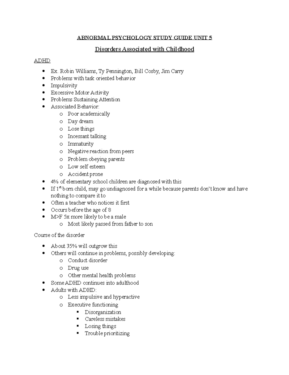 EXAM 5 Study Guide - ABNORMAL PSYCHOLOGY STUDY GUIDE UNIT 5 Disorders ...