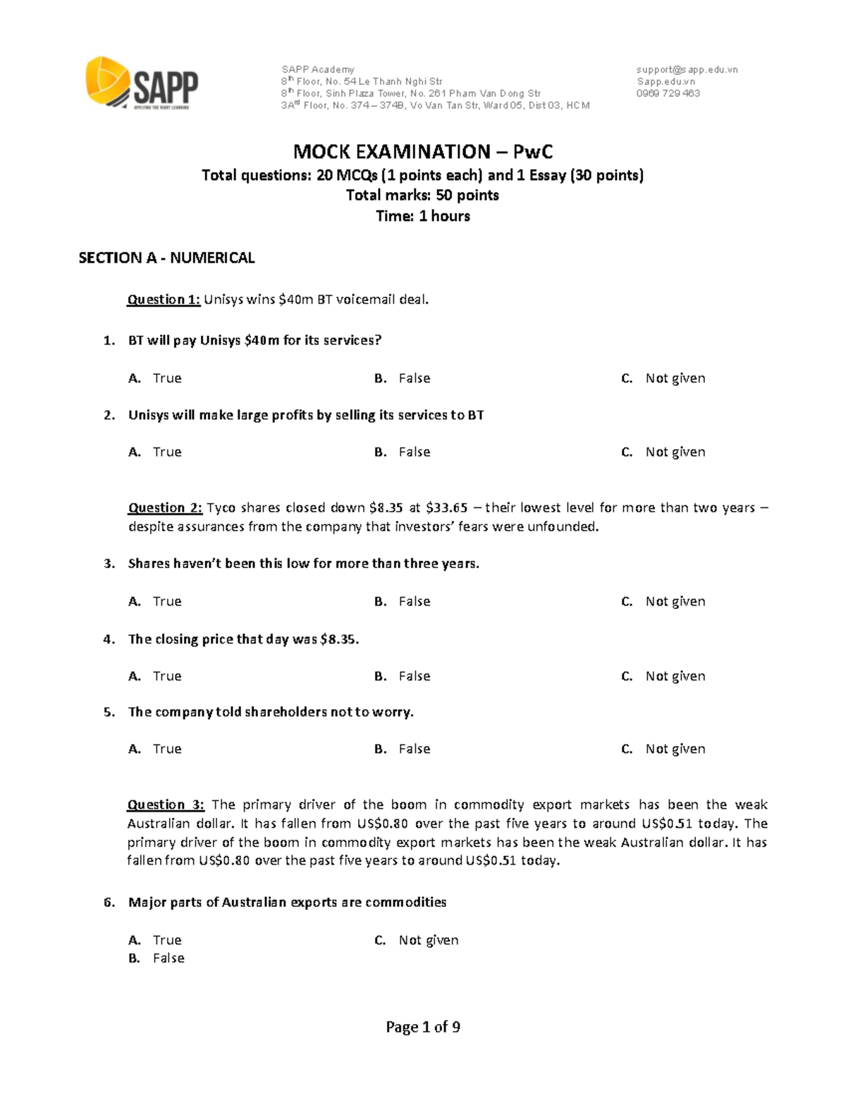 Final test - Pw C - Q - 3 - For PwC test - 8 th Floor, No. 54 Le Thanh ...