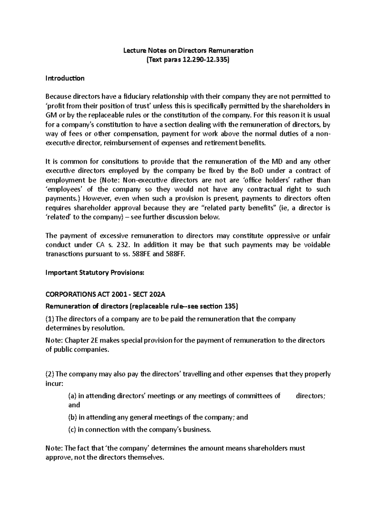 Lecture 6 - Notes on Directors Remuneration - Lecture Notes on ...