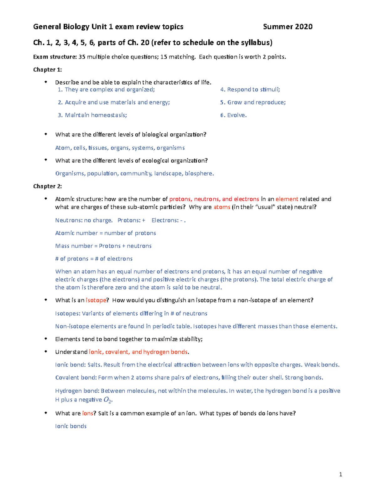 Exam 1 review - Lecture notes 1,2,3,4,5,6,pt.20 - General Biology Unit ...