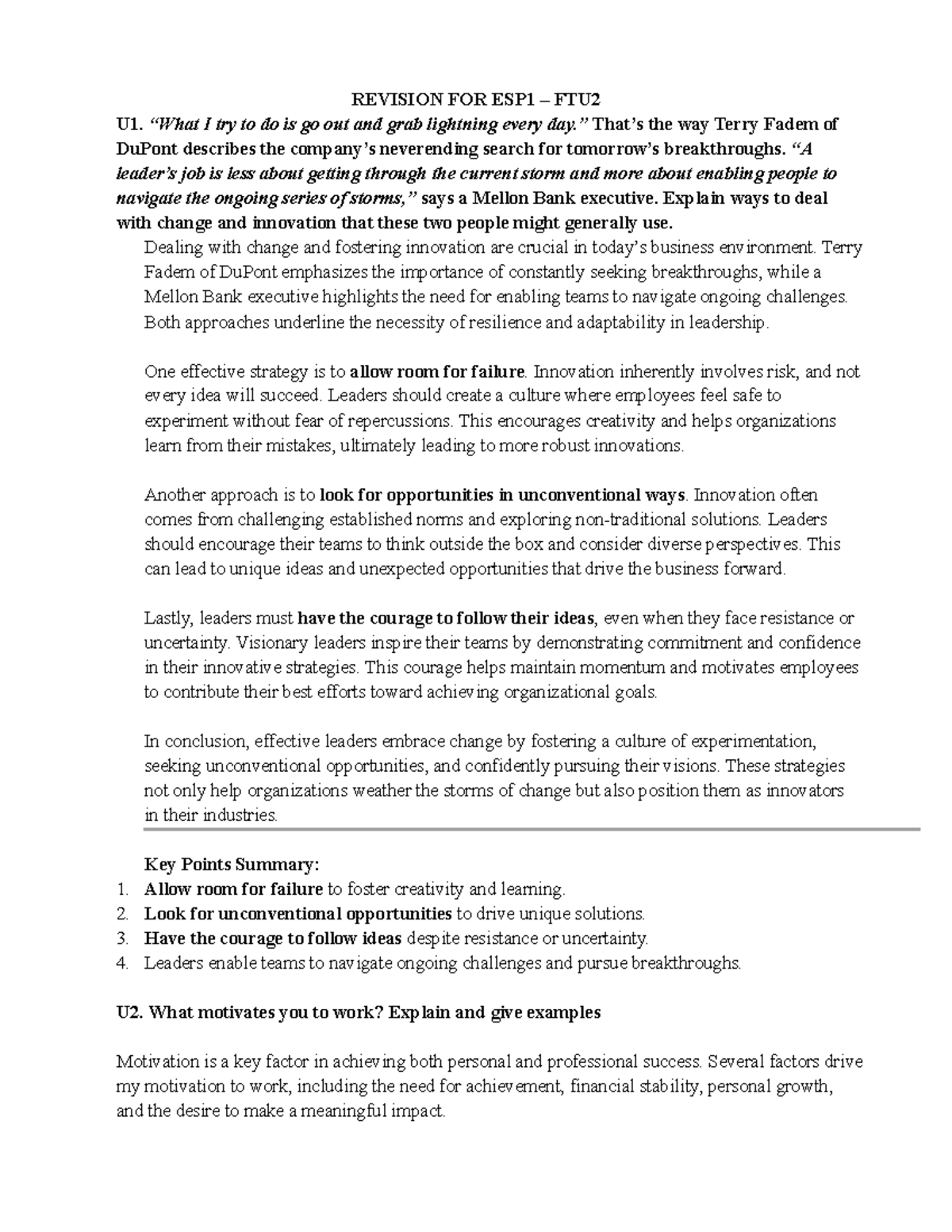 Revision FOR ESP1 - REVISION FOR ESP1 – FTU U1. “What I try to do is go ...