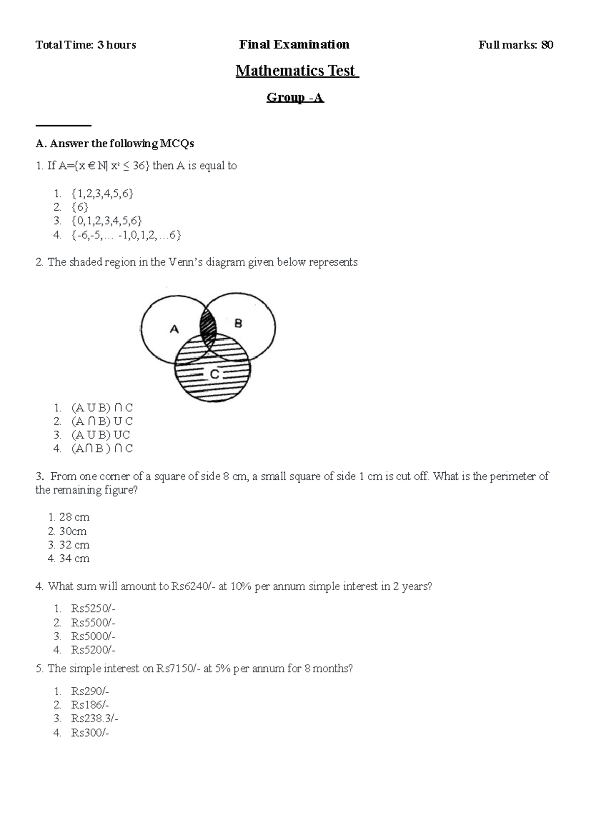 Class 7 final math test - nice test - Total Time: 3 hours Final ...