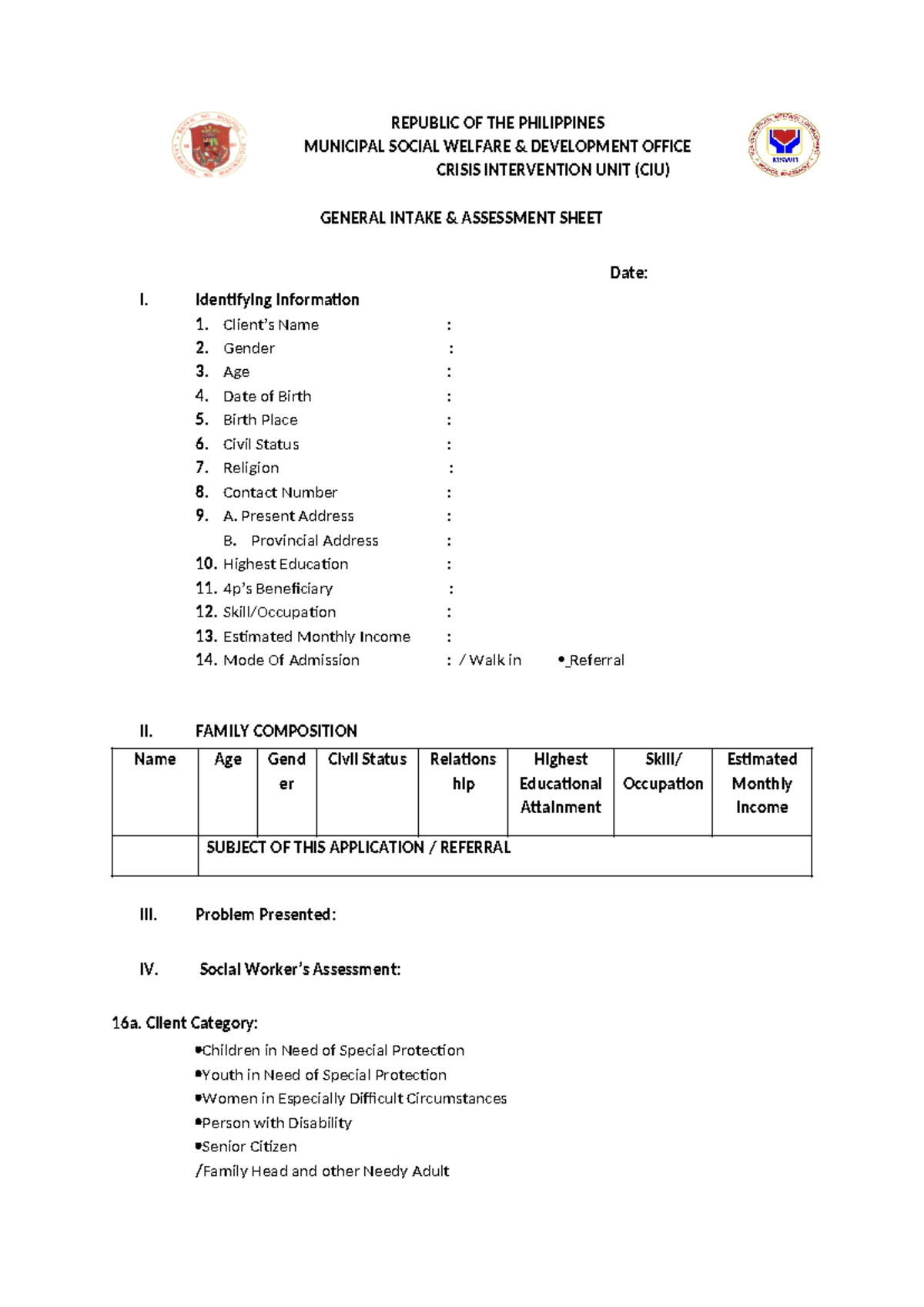 General Intake Sheet - REPUBLIC OF THE PHILIPPINES MUNICIPAL SOCIAL ...