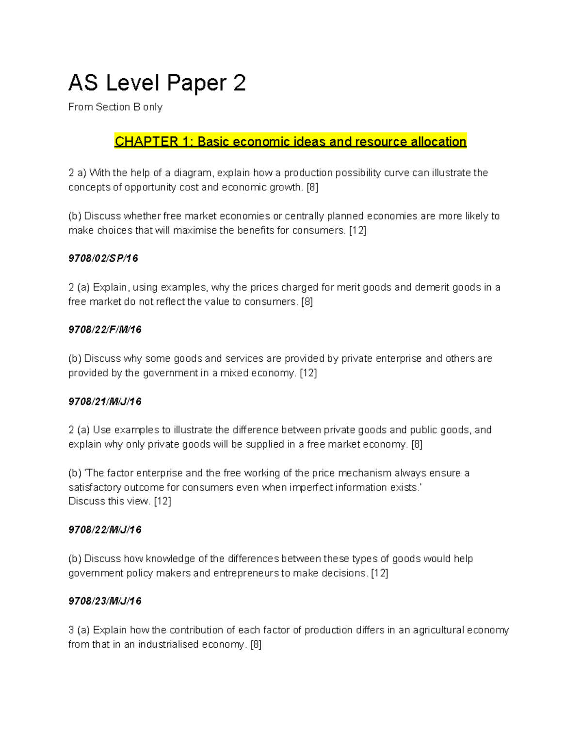 Economics Topical Questions - AS Level Paper 2 From Section B only ...