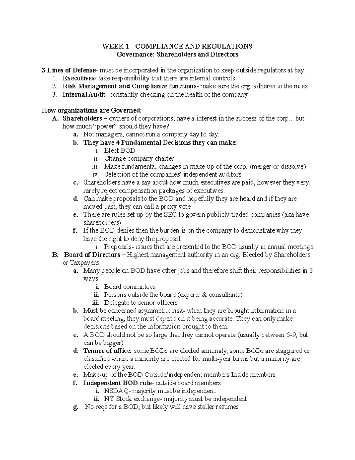 Compliance Outline - WEEK 1 - COMPLIANCE AND REGULATIONS Governance ...
