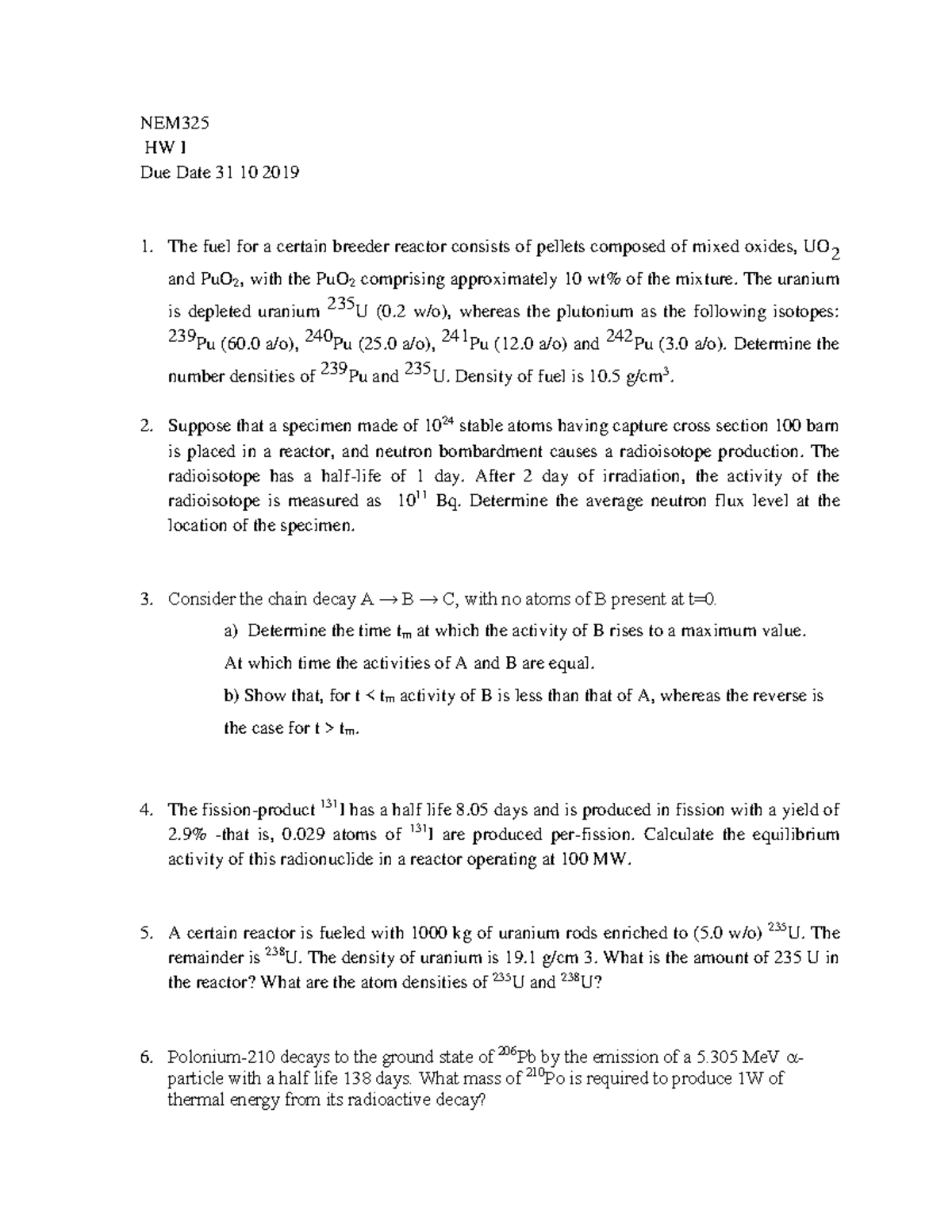 Nem325 2019 HW1 - hw1 - Warning: TT: undefined function: 32 NEM HW I Due Date 31 10 2019 The ...