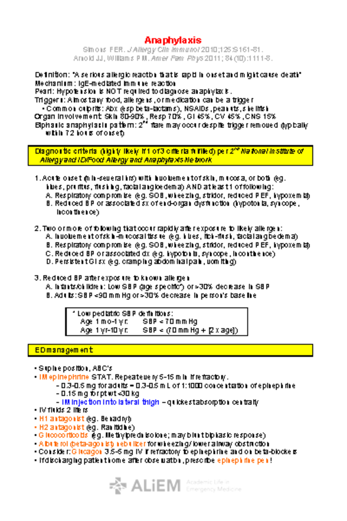 Anaphylaxis - EM Books - Anaphylaxis Simons FER. J Allergy Clin Immunol 2010;125:S161-81. Arnold ...