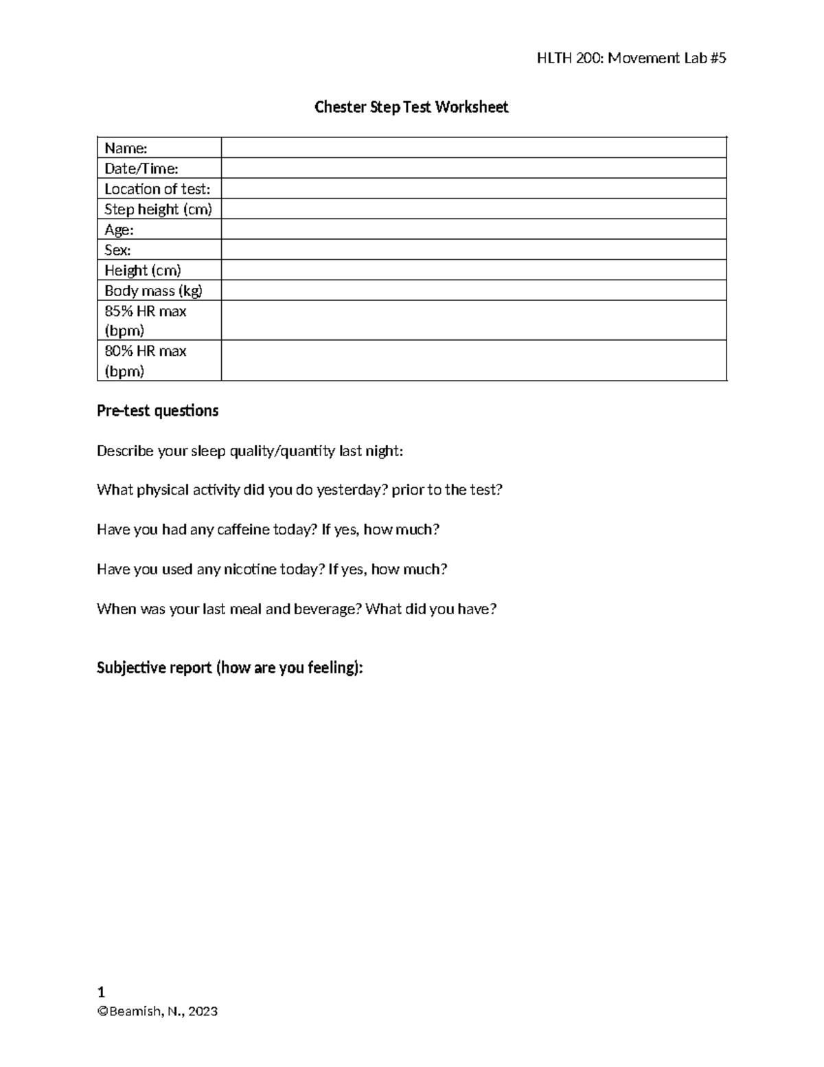 Chester Step Test - HLTH 200: Movement Lab Chester Step Test Worksheet ...