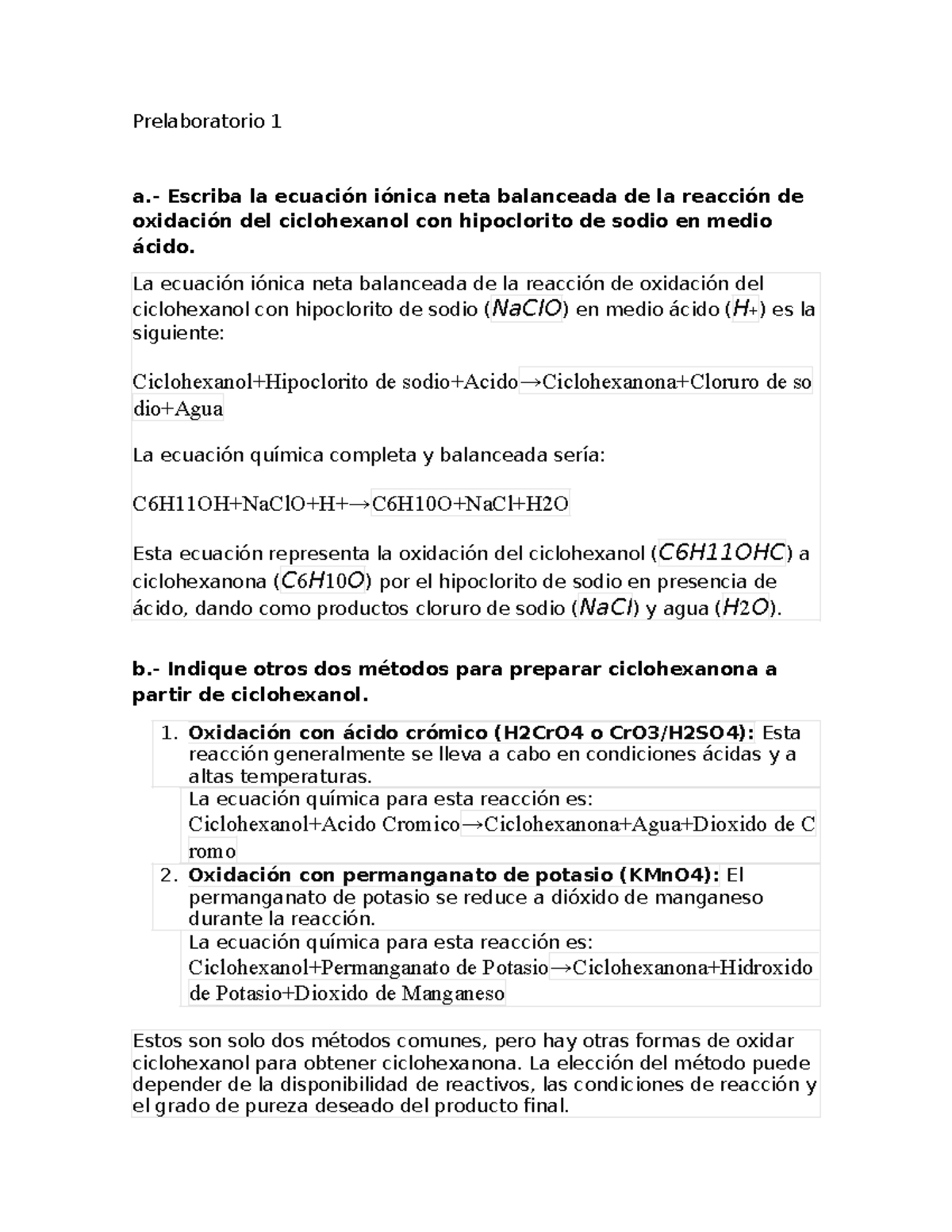 Prelaboratorio 1 organica 2 - Prelaboratorio 1 a.- Escriba la ecuación ...