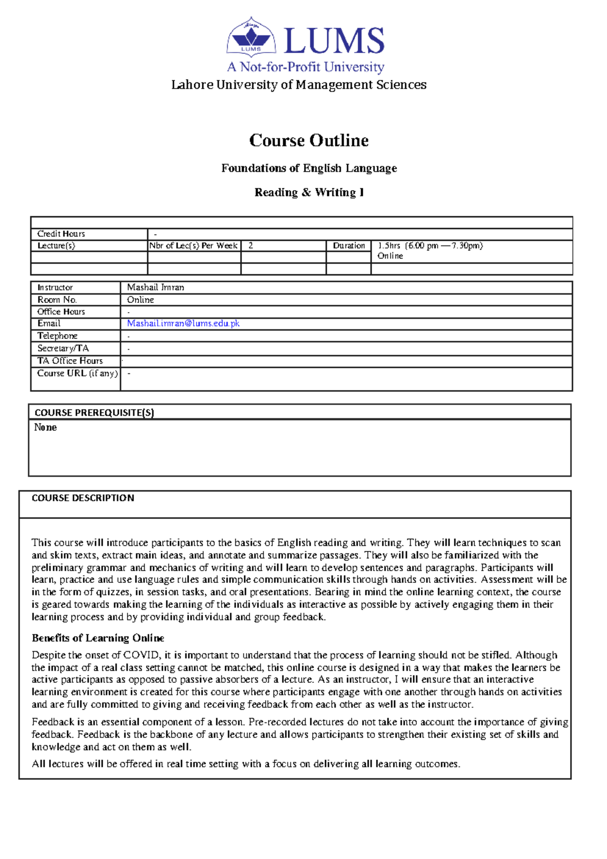 Course Outline- Reading & Writing I - Course Outline Foundations of ...