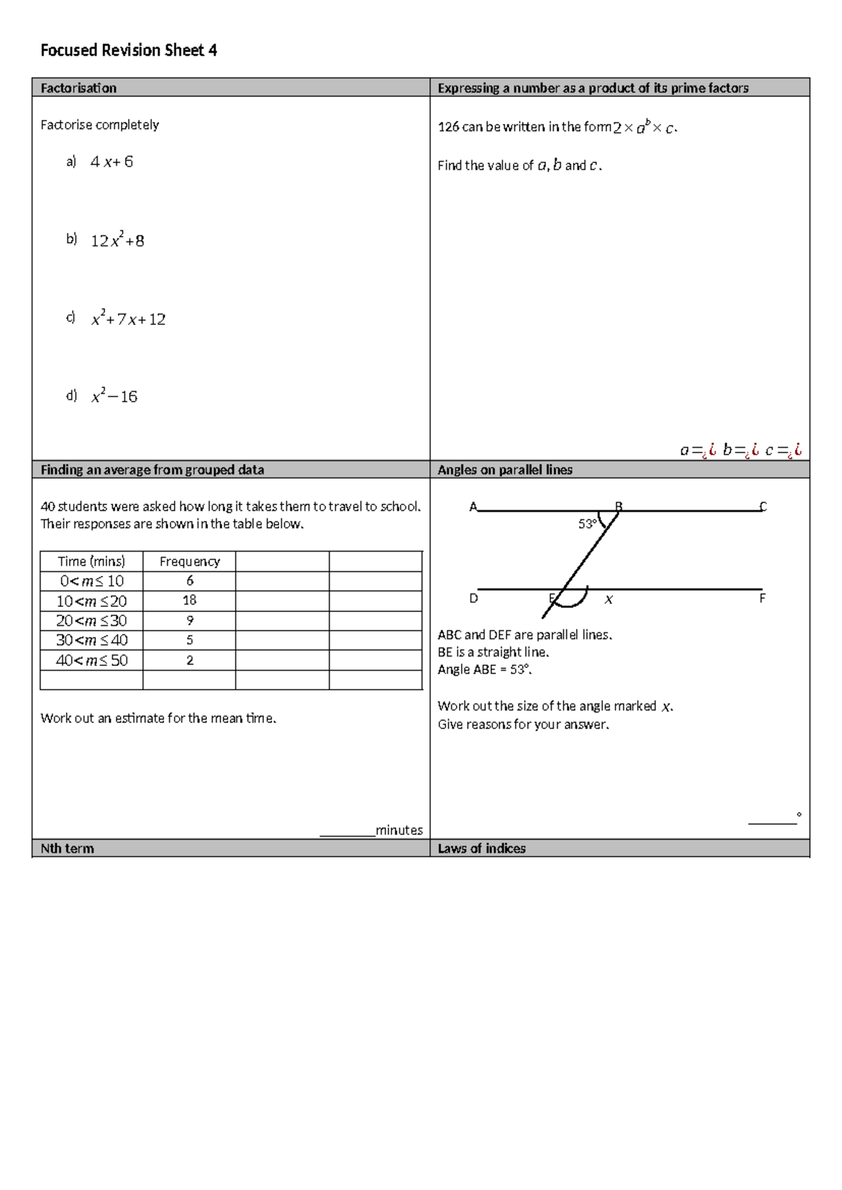 Gcse Maths Revision Worksheet 4 Focused Revision Sheet 4