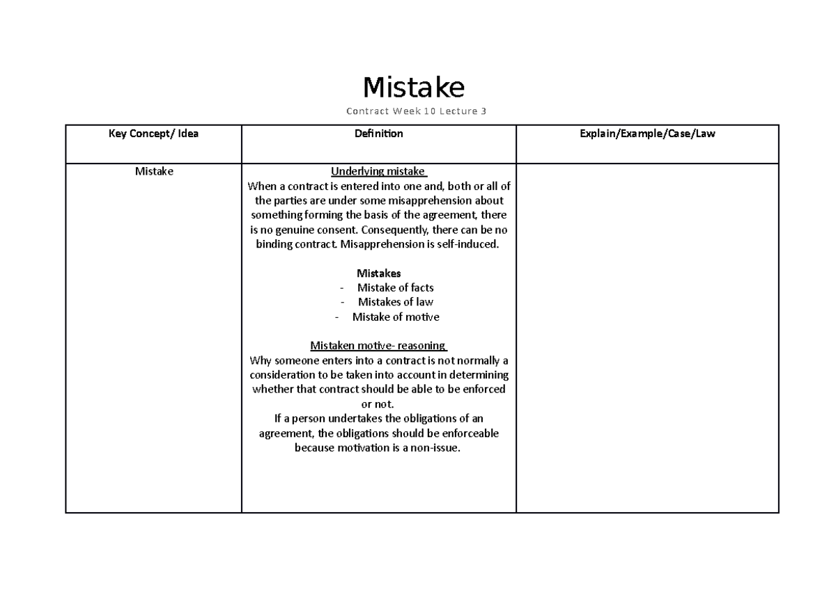 Mistake Lecture - Mistake Contrac t Week 10 Lec ture 3 Key Concept/ Idea Definition - Studocu